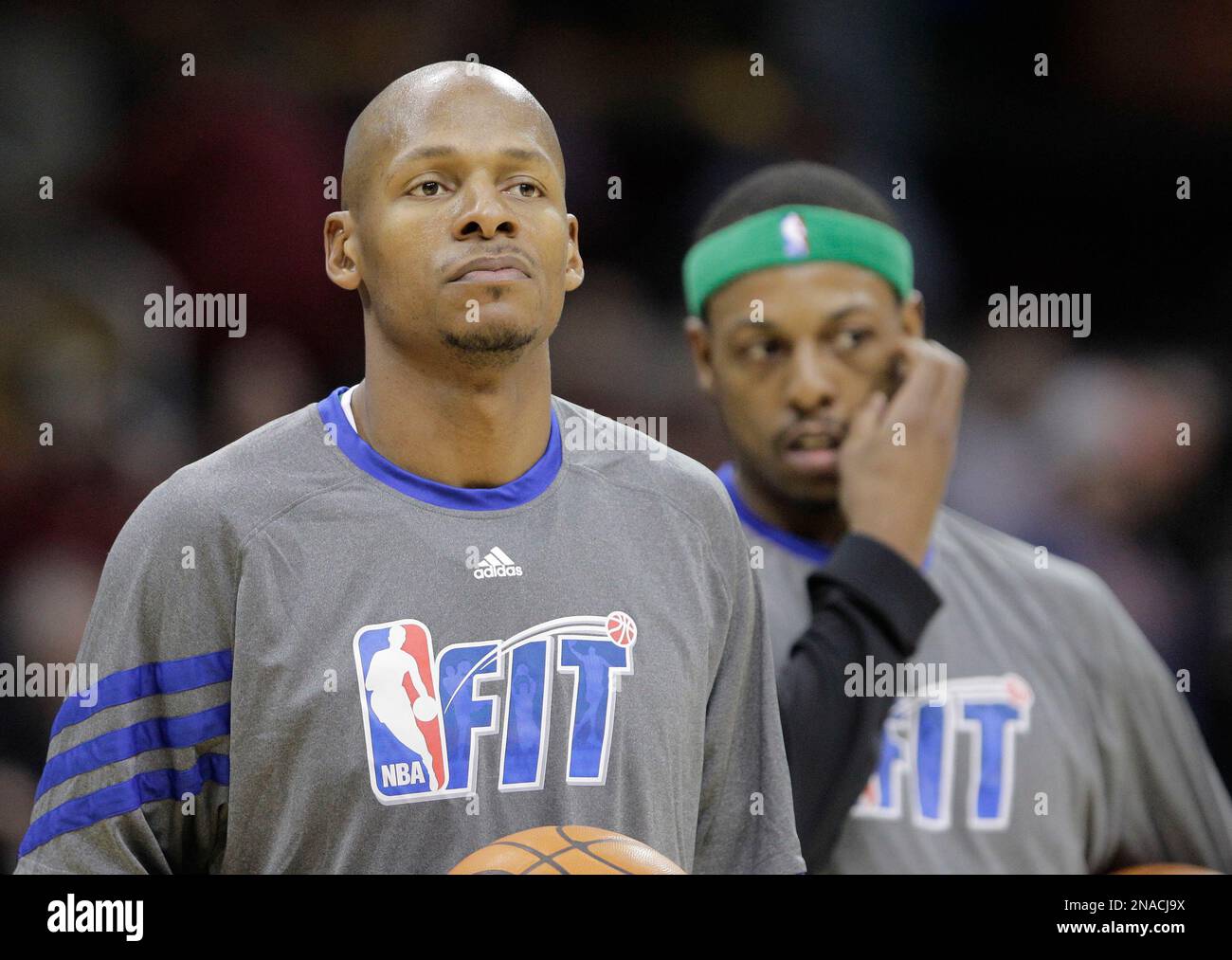 Boston Celtics' Ray Allen, left, and Paul Pierce warm up before facing ...