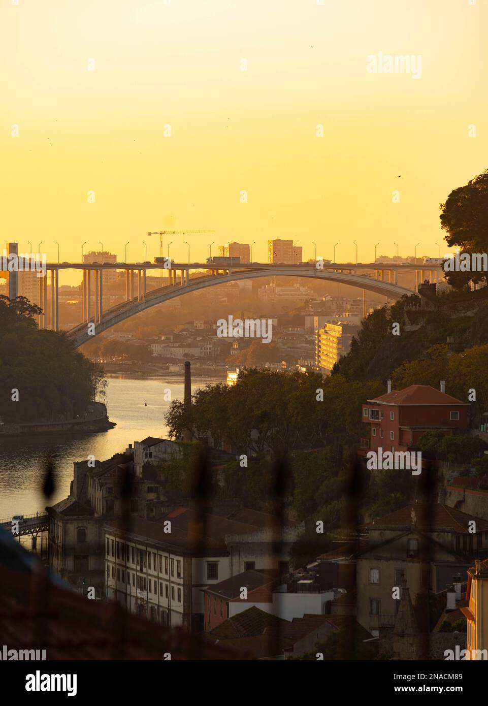 An aerial view of Arrabida Bridge surrounded by buildings during sunset ...