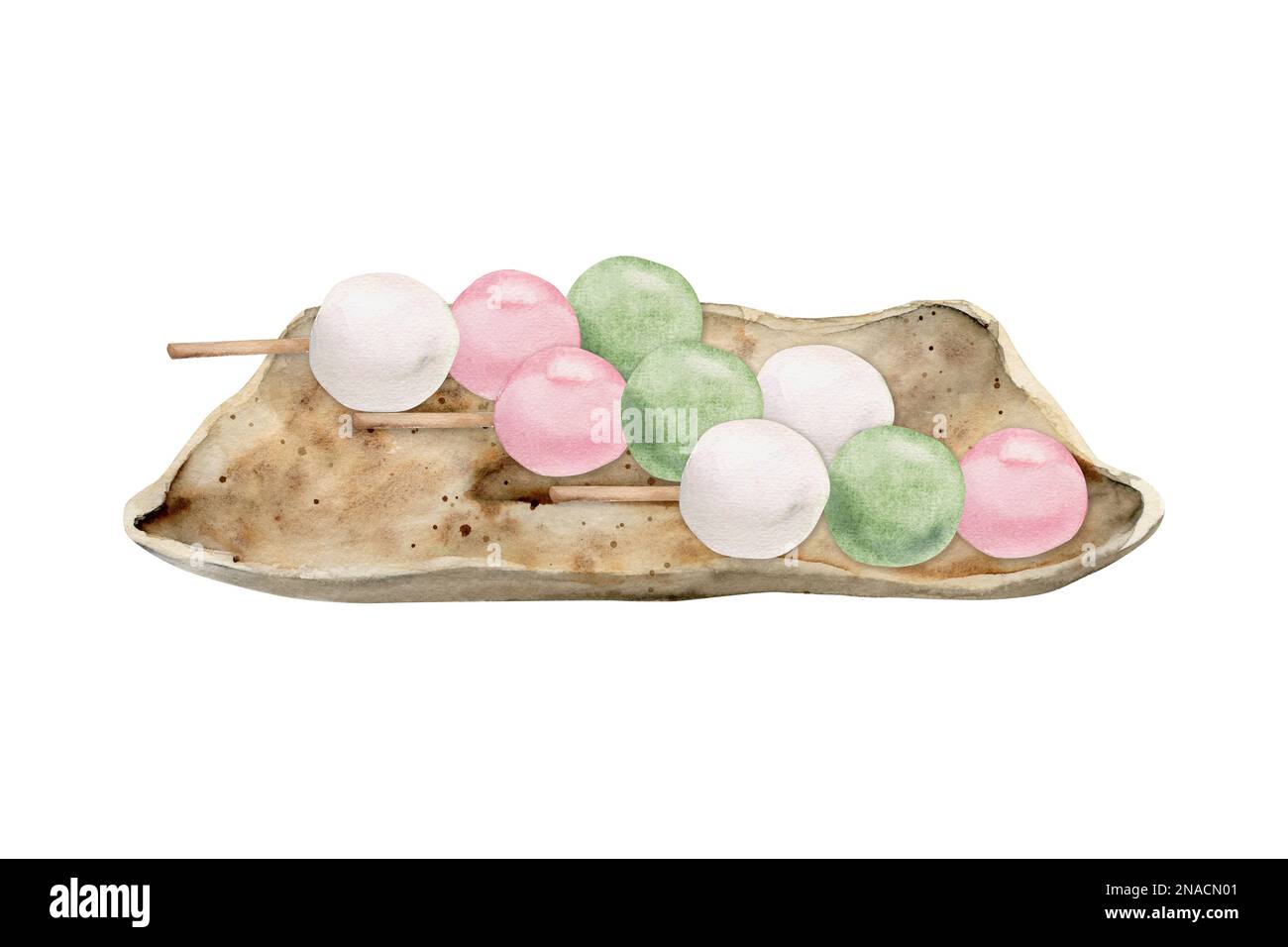 Watercolor hand drawn traditional Japanese sweets. Ceramic dish with ...