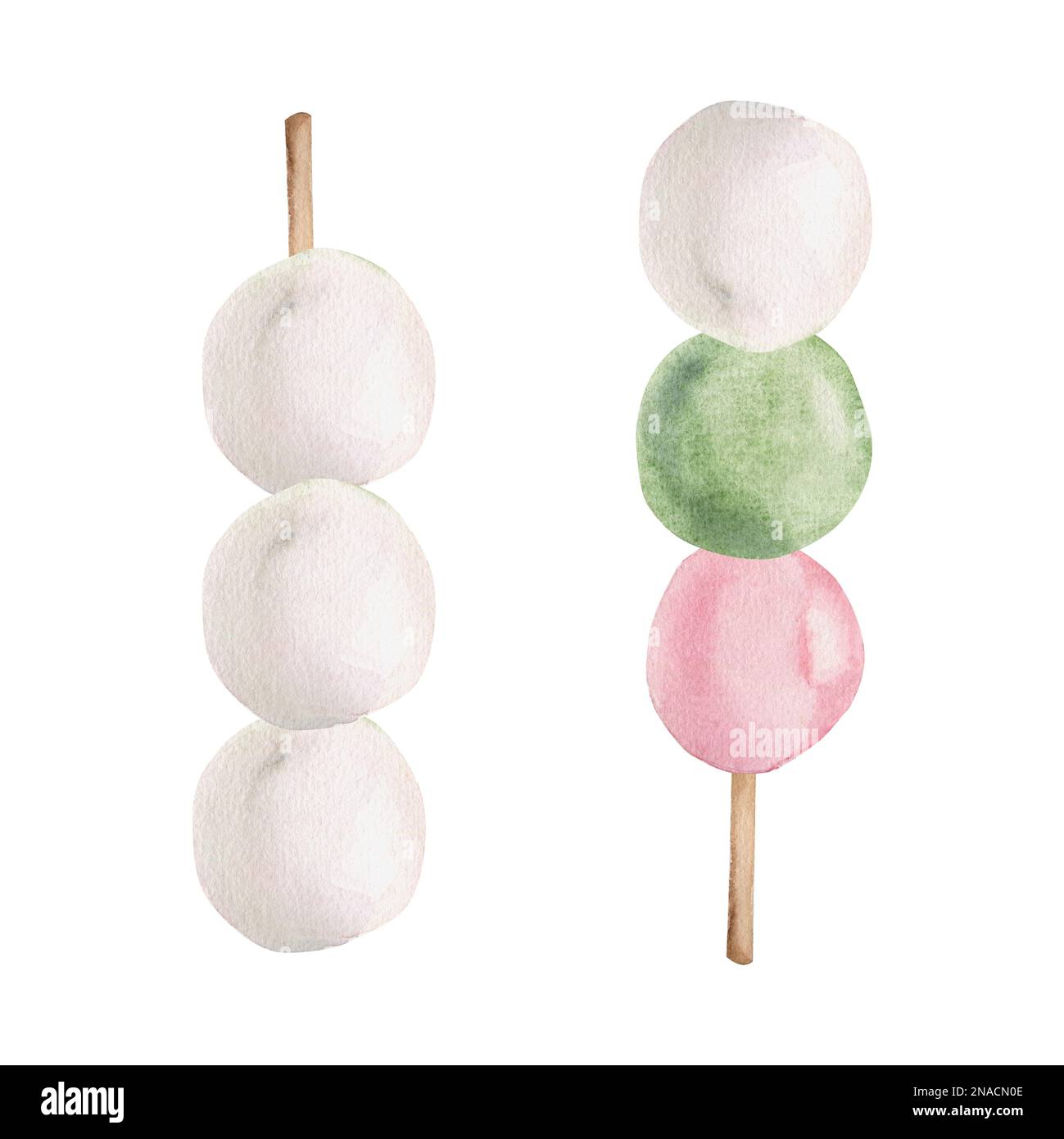 Watercolor hand drawn traditional Japanese sweets. Three color dango ...