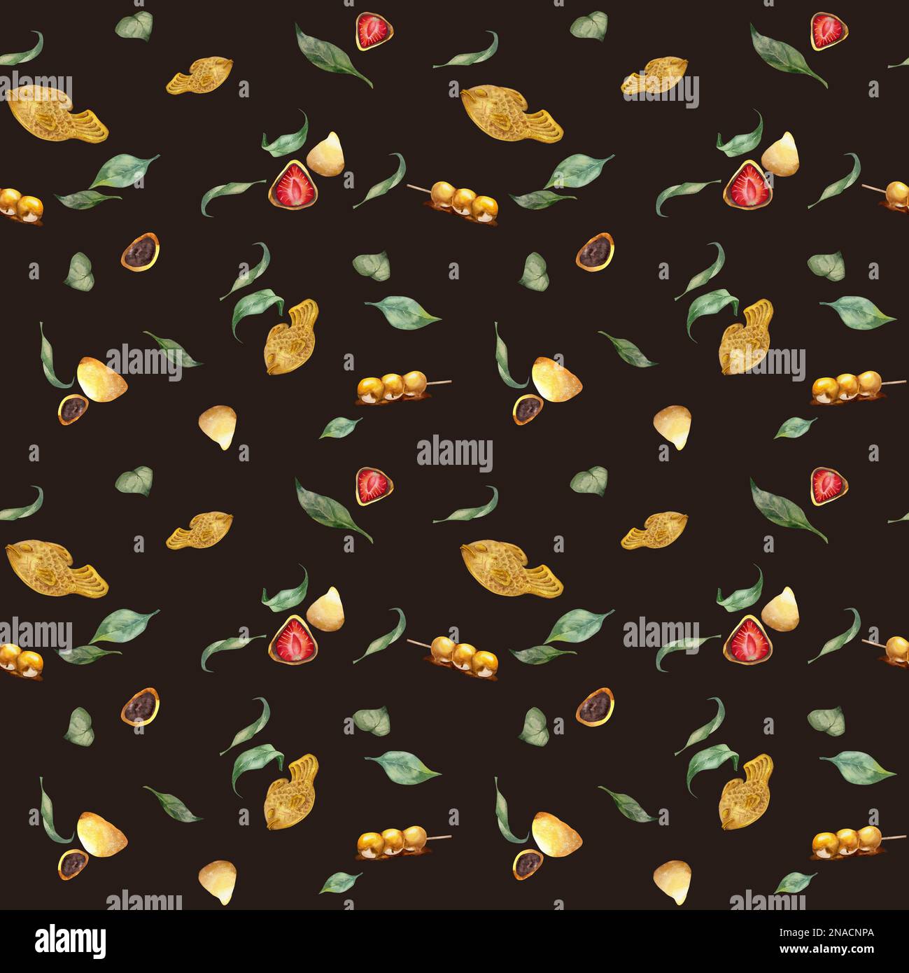 Watercolor seamless pattern with hand drawn traditional Japanese sweets ...