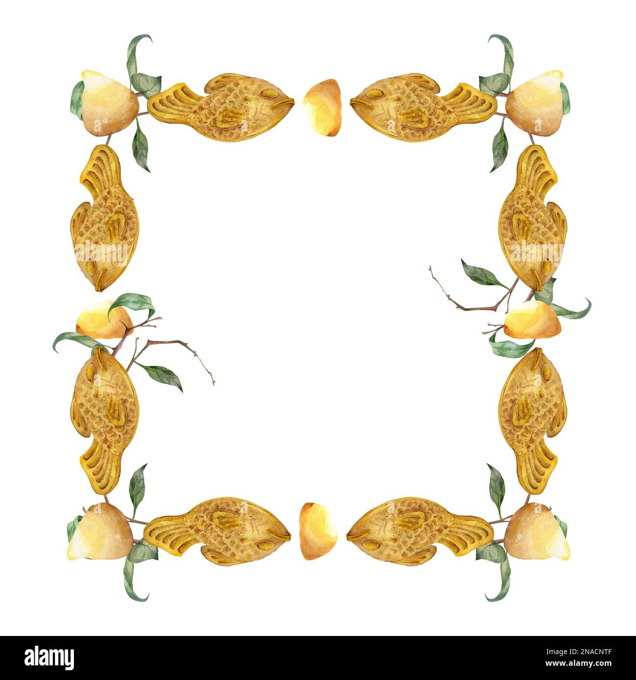 Watercolor hand drawn traditional Japanese sweets. Square frame of ...