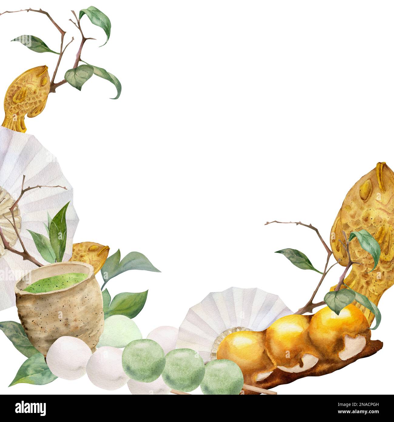 Watercolor hand drawn traditional Japanese sweets. Circle wreath of ...