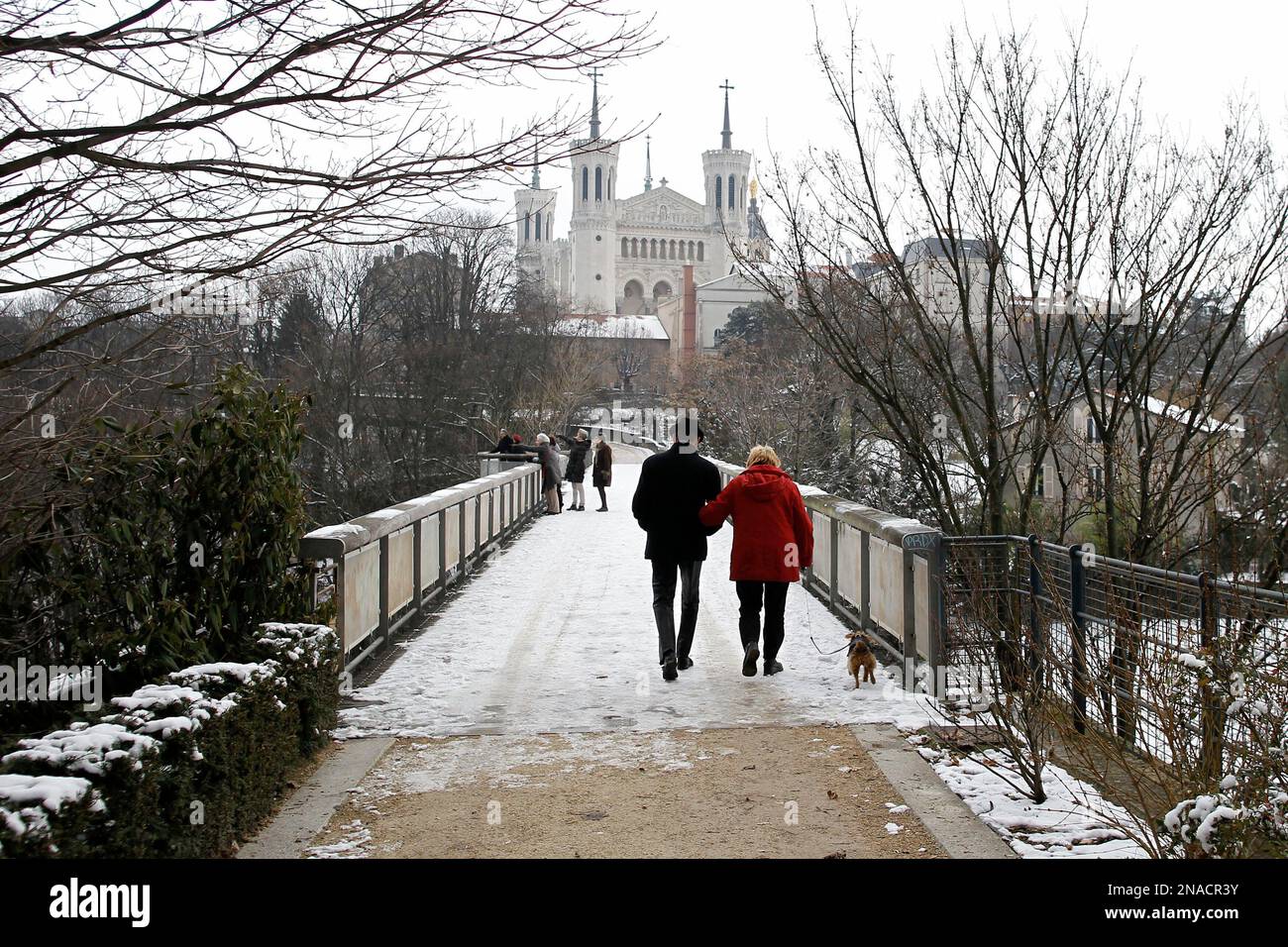 People walk on an icy bridge in a garden of Lyon, central France ...