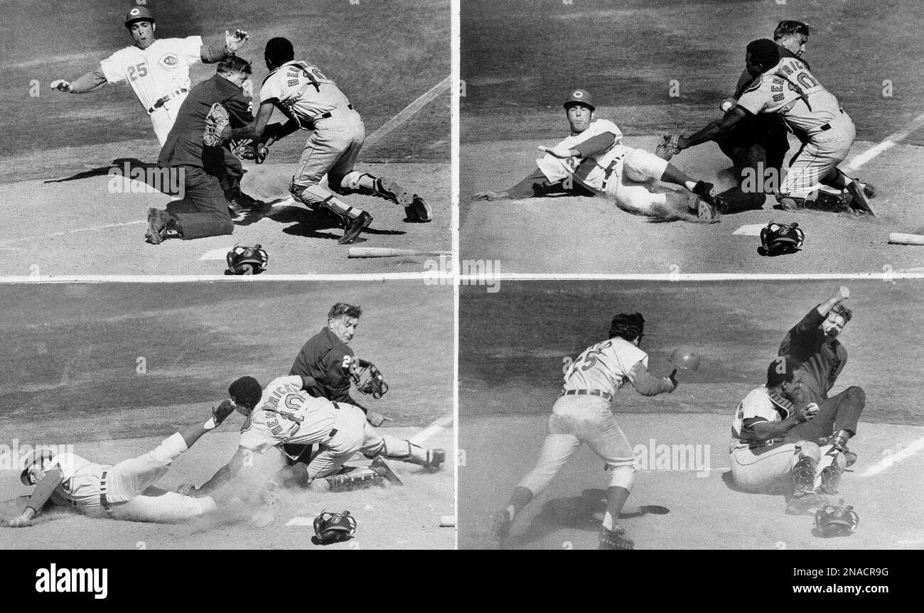 Reds Bernie Carbo being tagged out at home by Baltimore catcher Elrod ...