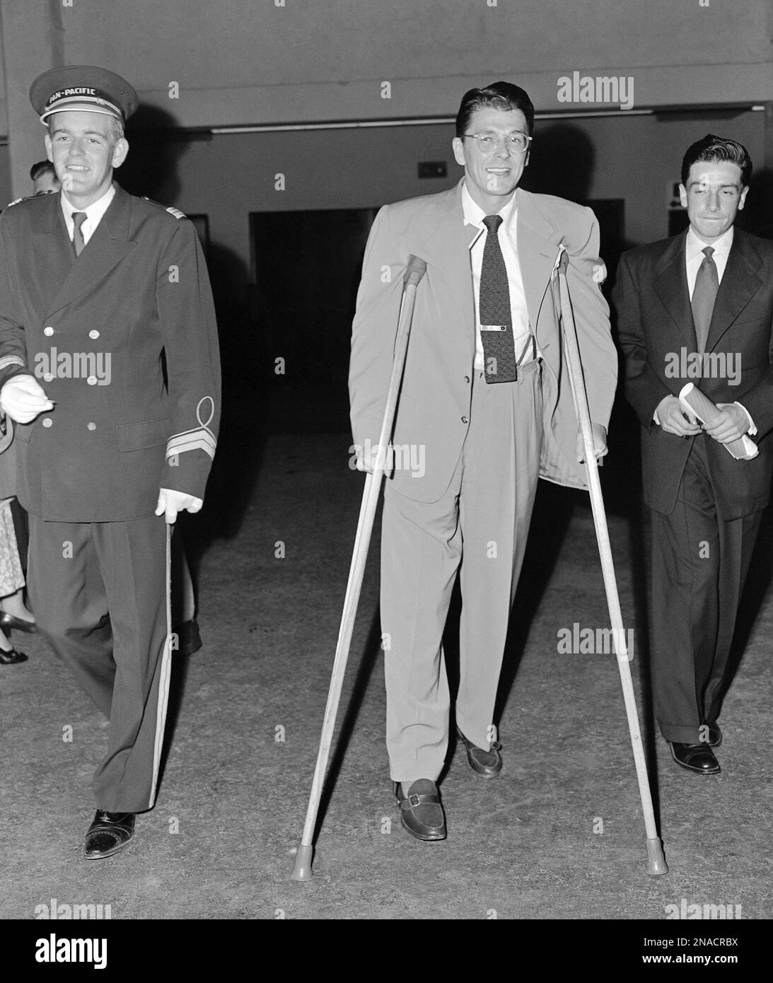 Ronald Reagan attend the Ice Follies premiere on crutches, Sept. 9 ...