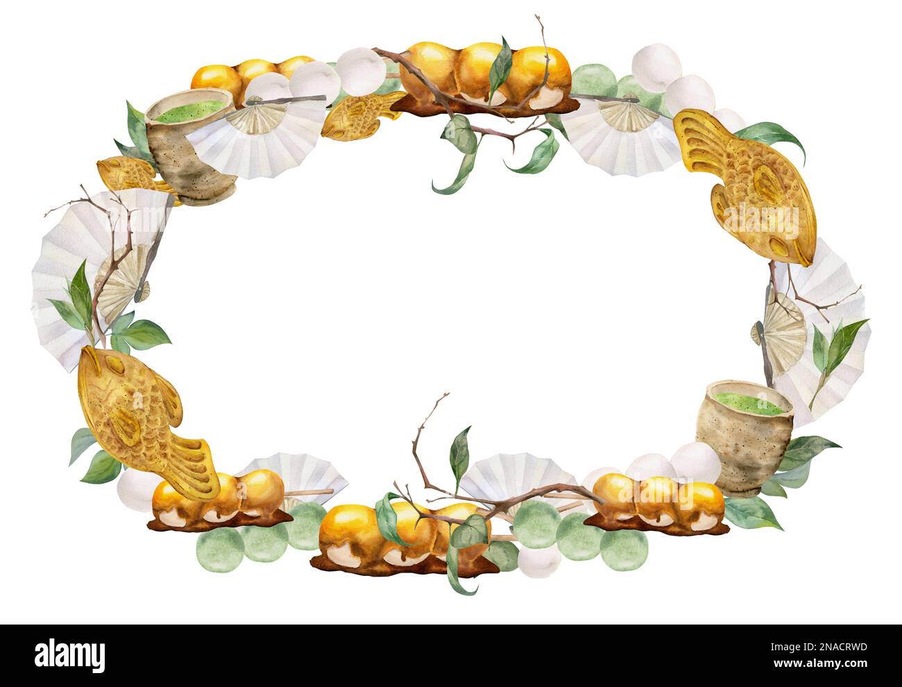 Watercolor hand drawn traditional Japanese sweets. Circle wreath of ...