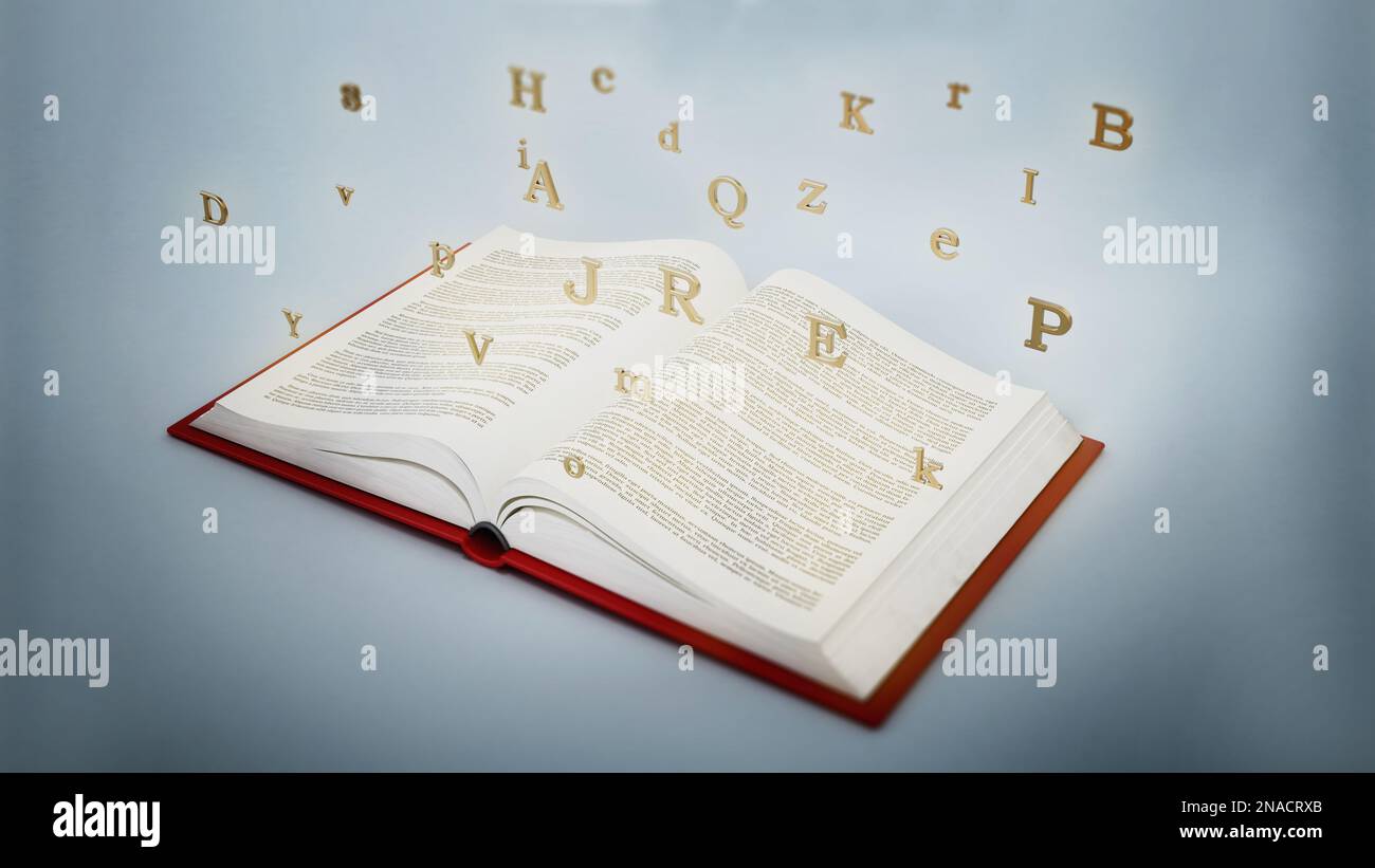 Open book with floating letters. 3D illustration Stock Photo - Alamy