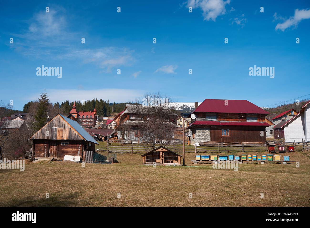 Ukrainian karpaty mountains landscape. Spring in carpathian village ...