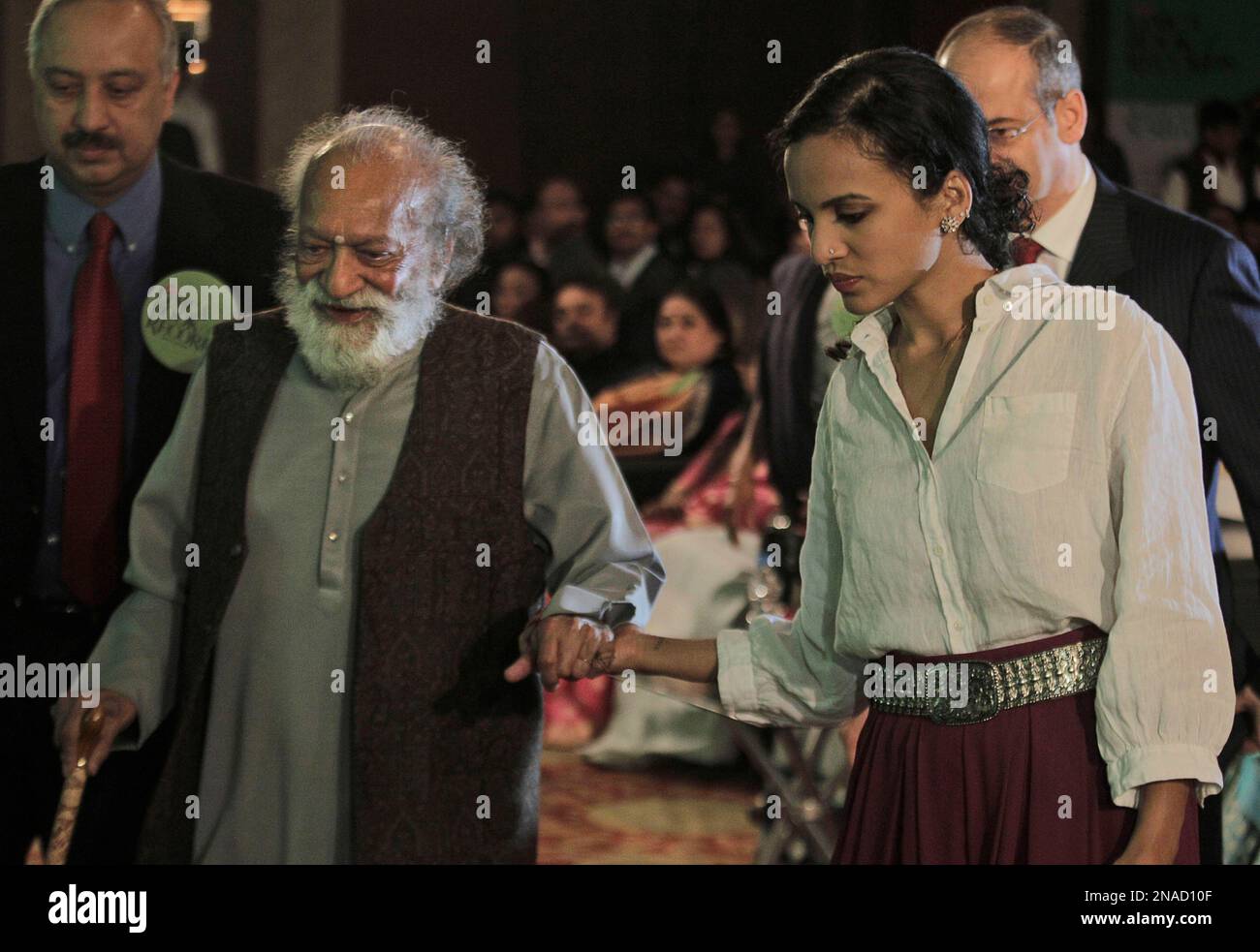 Indian musician sitar maestro Pandit Ravi Shankar, 92, left, is being helped by his daughter ...