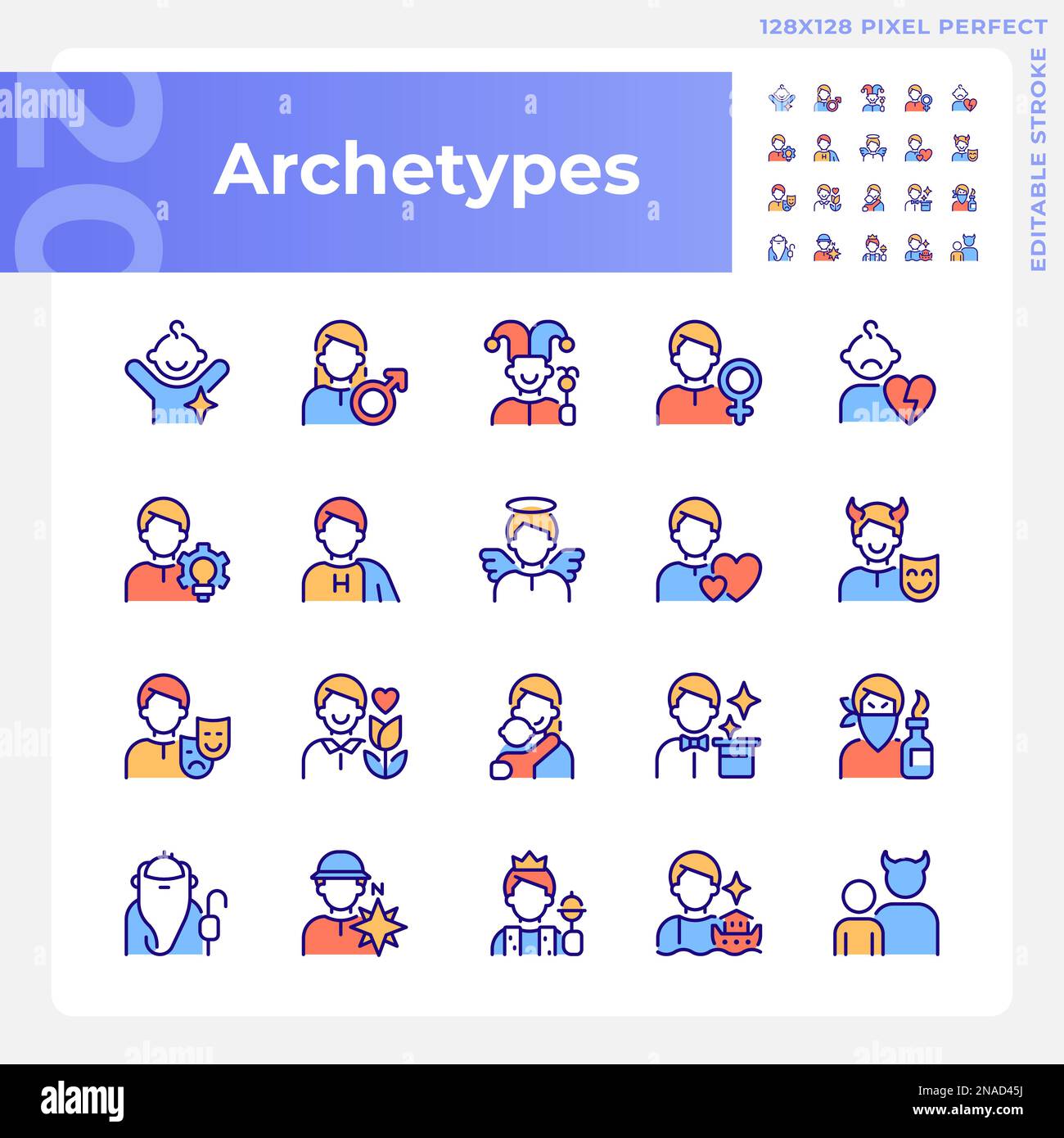 Character archetypes pixel perfect RGB color icons set Stock Vector ...