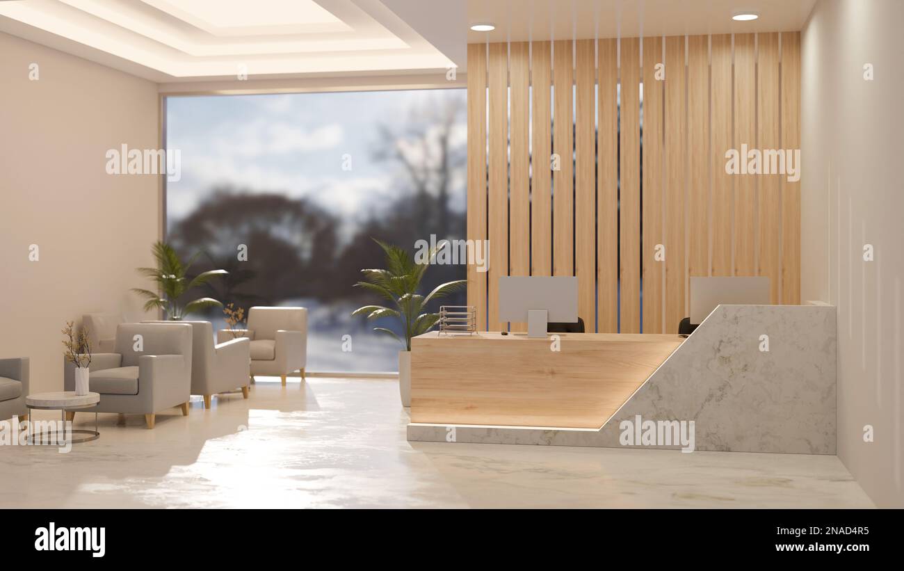 Beautiful modern lobby interior in white marble and wood style with ...