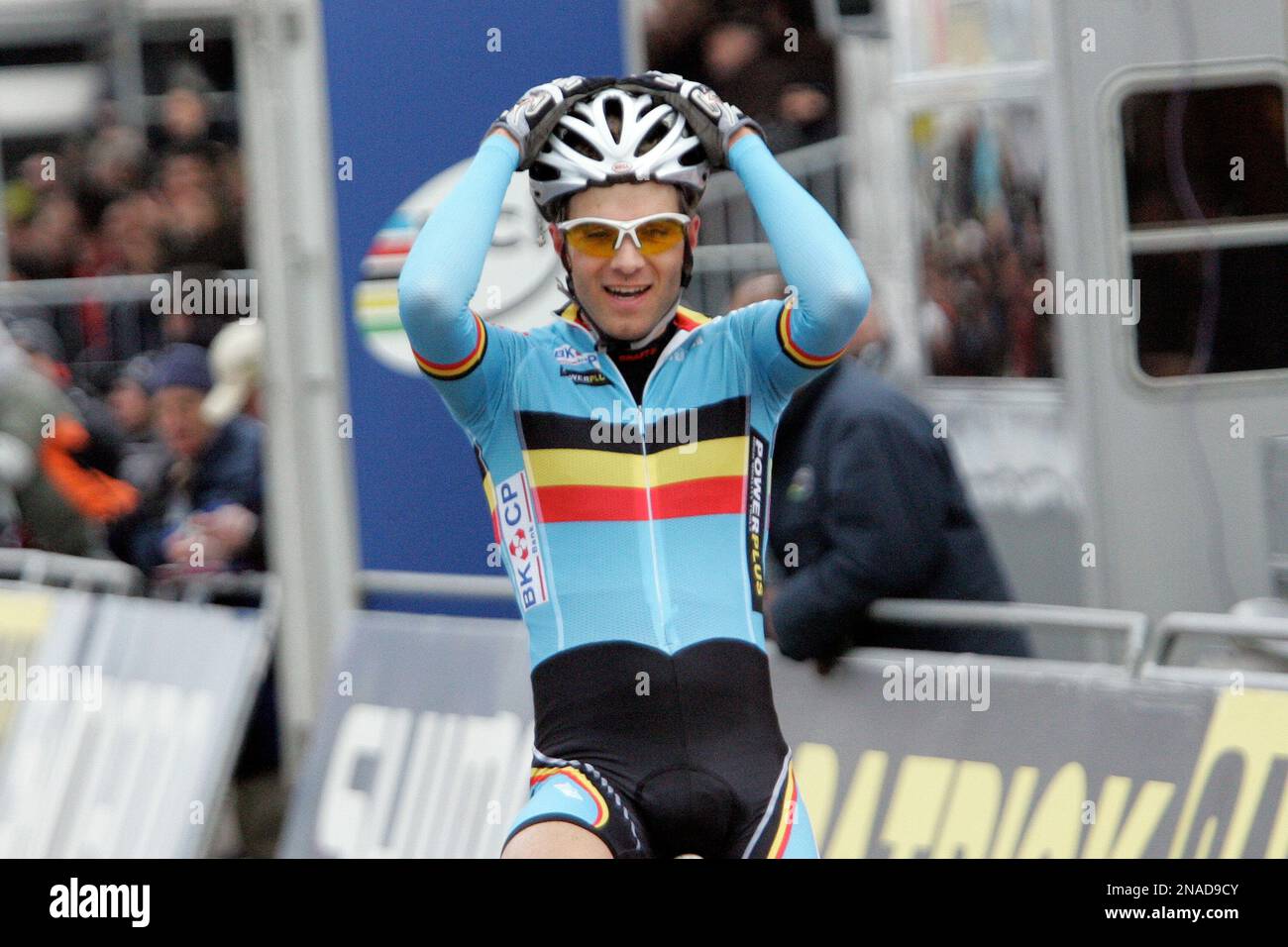 Niels Albert, of Belgium, reacts as he wins the UCI Cyclo-Cross World ...