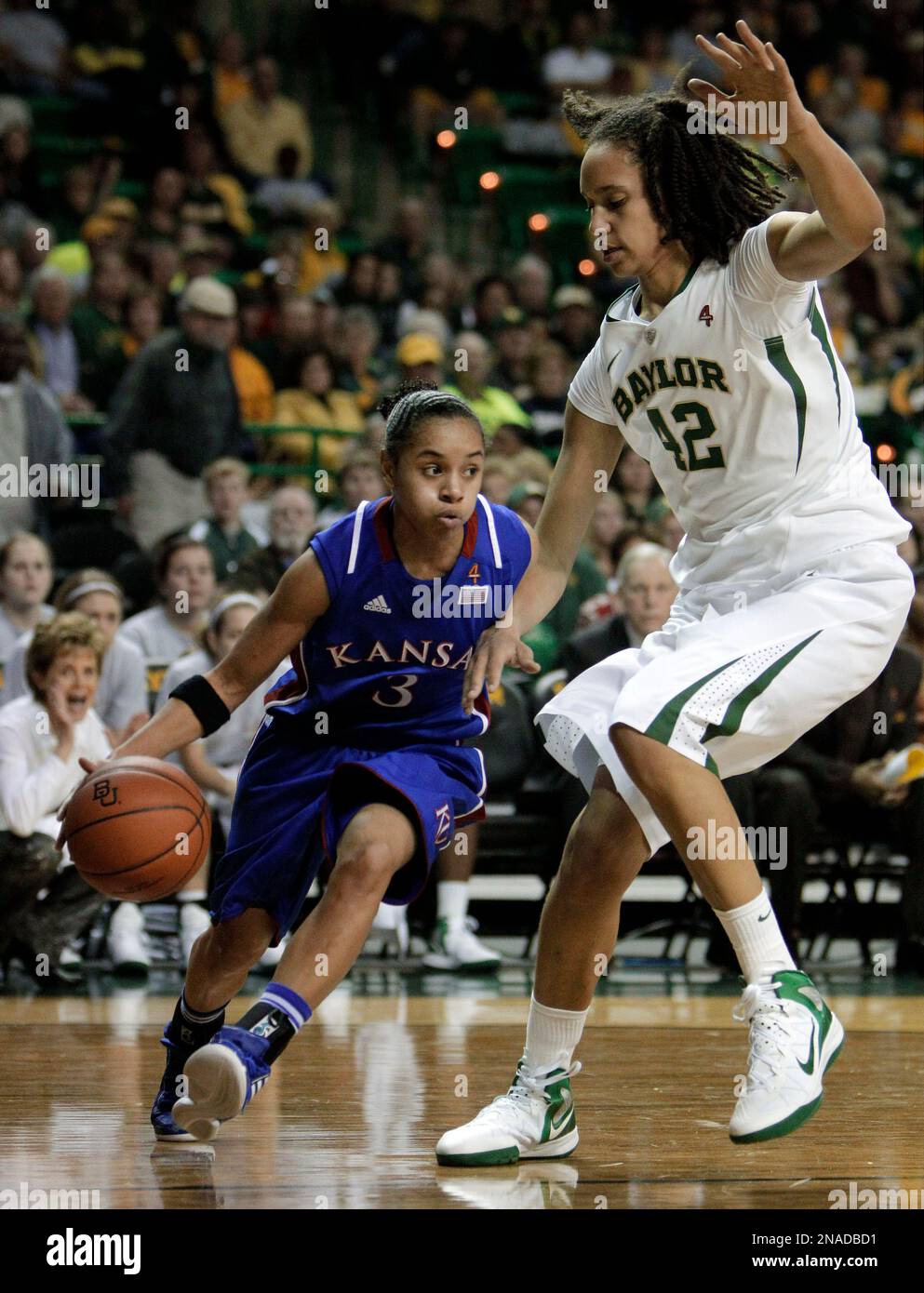 Kansas 's Angel Goodrich (3) drives around Baylor center Brittney ...