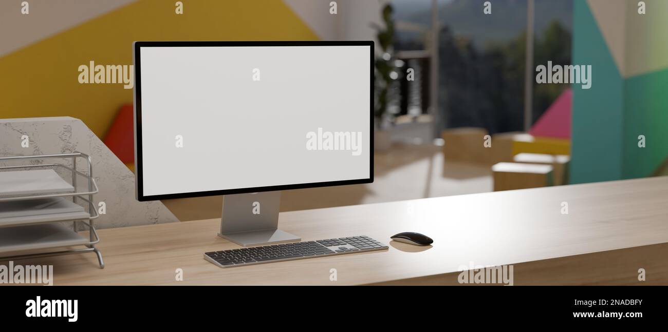 Close-up image of a PC computer white screen mockup and supplies on ...