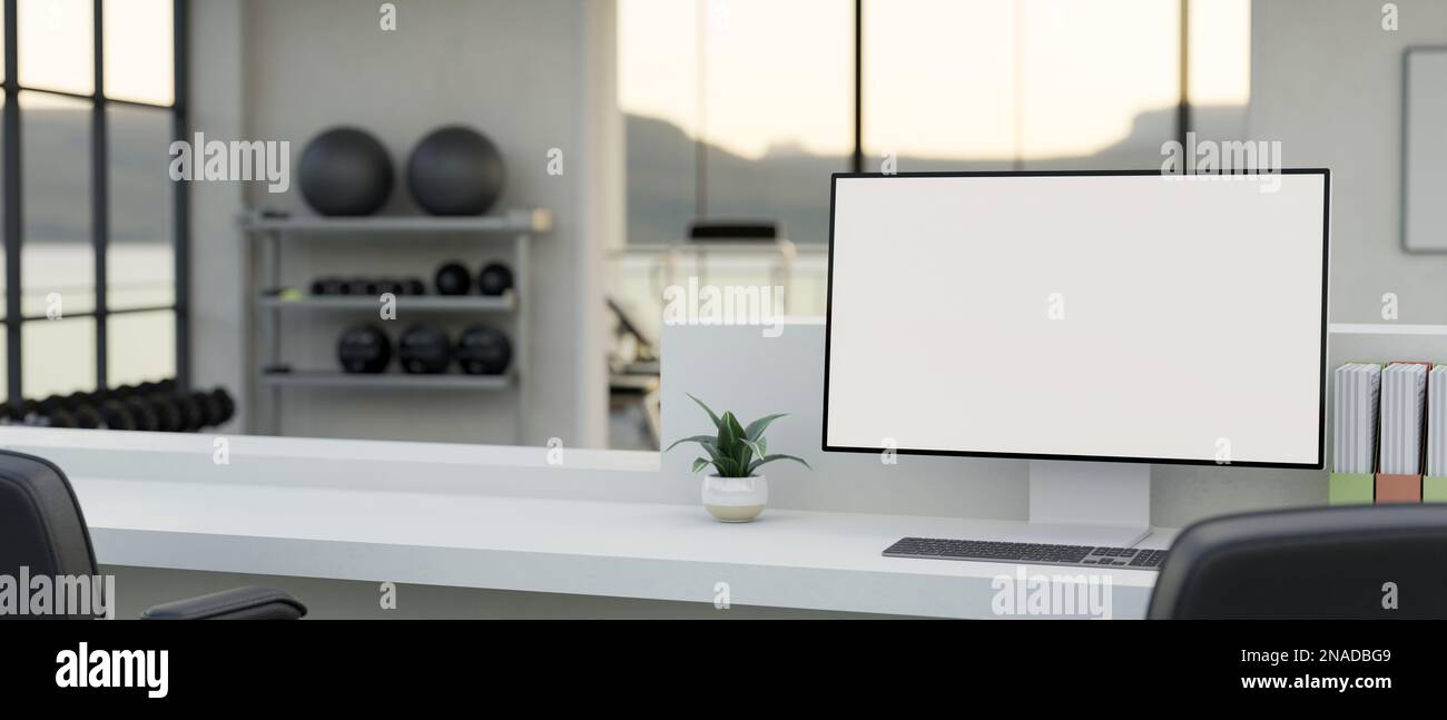 Fitness gym center reception desk with computer white screen mockup for ...
