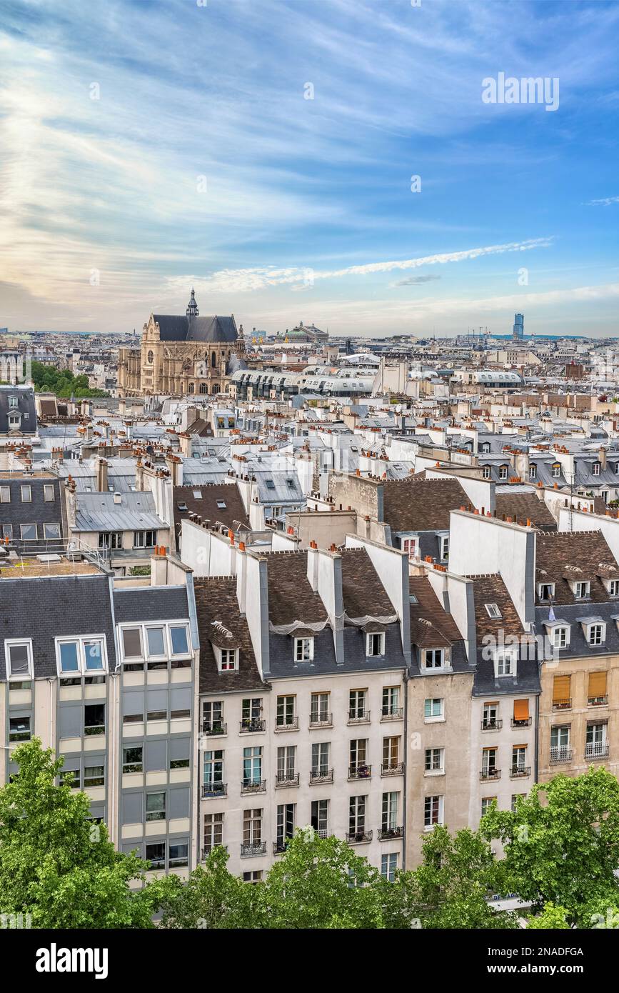 Paris, typical roofs in the Marais, aerial view with the Halles, the ...