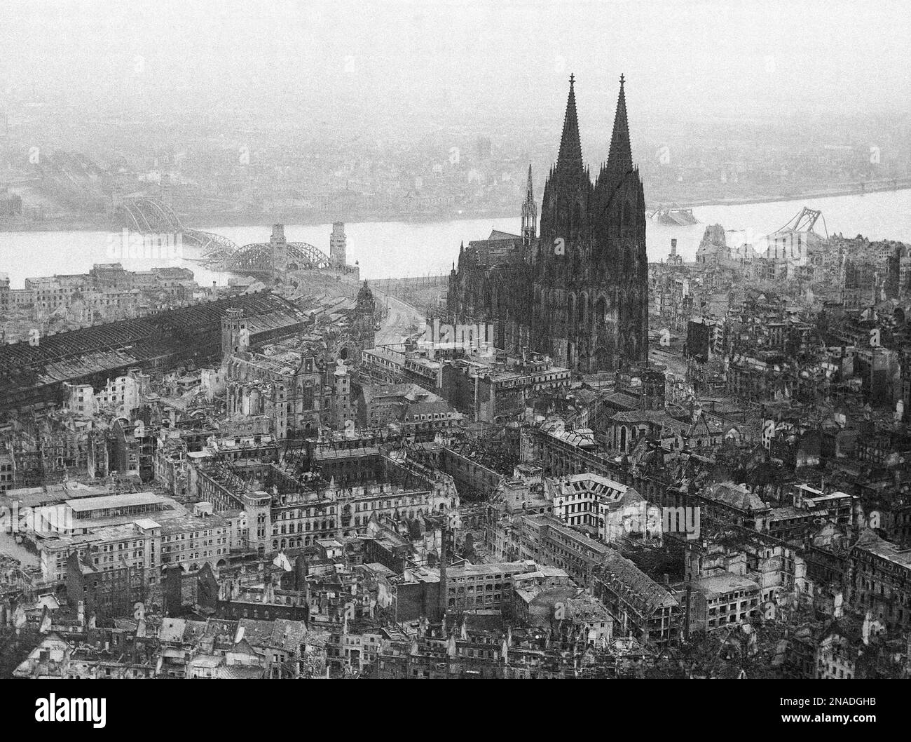 An aerial view of Cologne, Germany, taken from a cub spotter plane ...