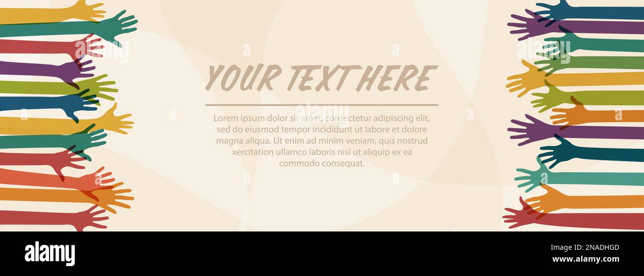 A group of hands of multicultural people are drawn to each other by a ...