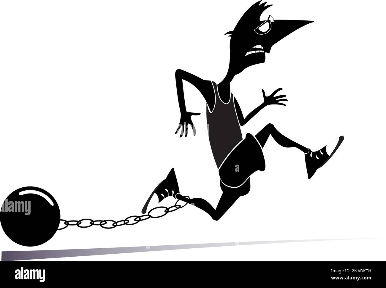 Hard training runner. Cartoon running man with a heavy connected by the ...