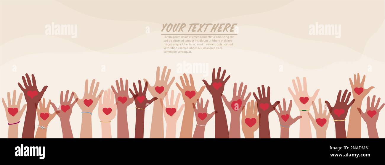A group of raised hands with the hearts of people of different ...
