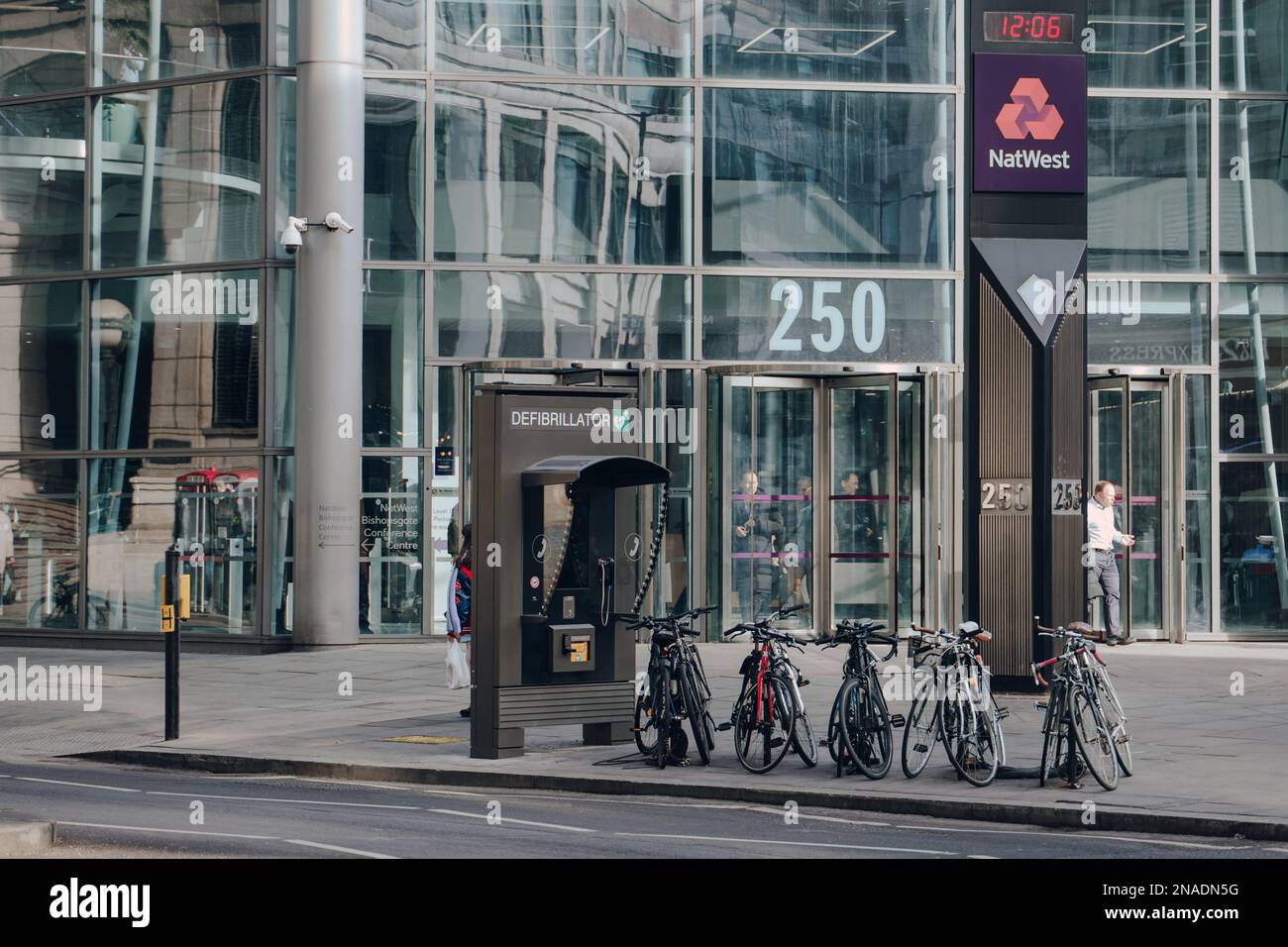 London, UK - February 09, 2023: Defibrillator at phone box on ...