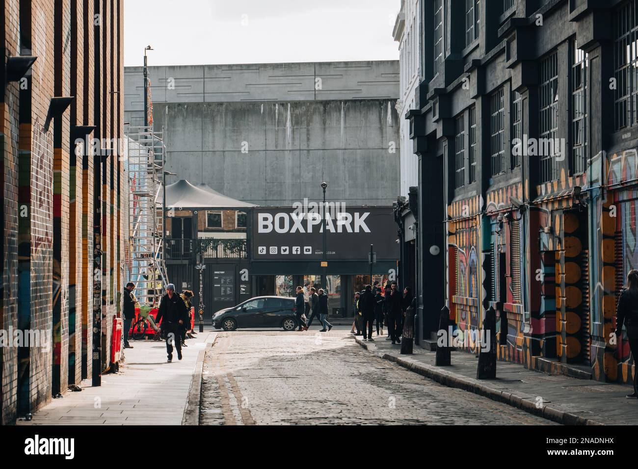 London, UK - February 09, 2023: View of Boxpark Shoreditch, a shipping ...