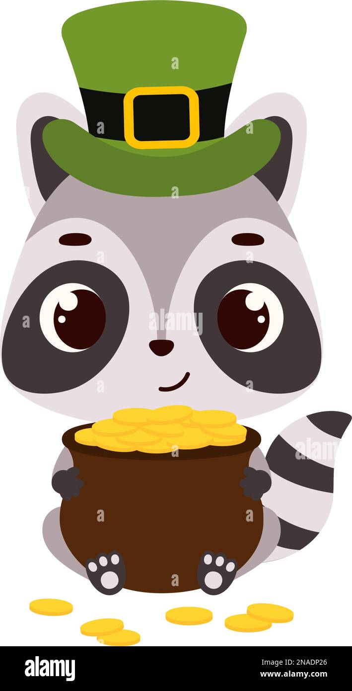 Cute raccoon in green leprechaun hat holds bowler with gold coins ...
