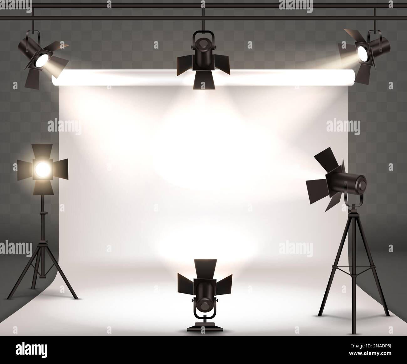 Photo studio lighting equipment, spotlights and white blank background ...