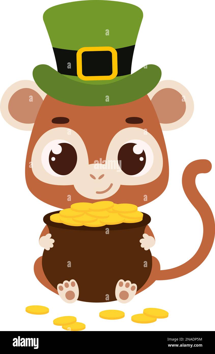 Cute monkey in green leprechaun hat holds bowler with gold coins. Irish ...