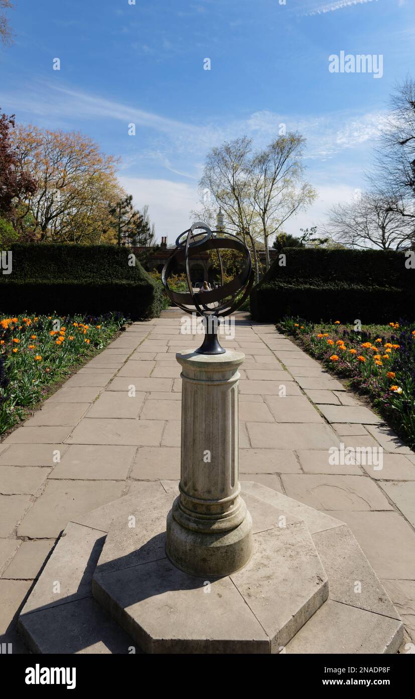 London - 04 11 2022: Bronze sundial in Holland Park in the Dutch garden ...