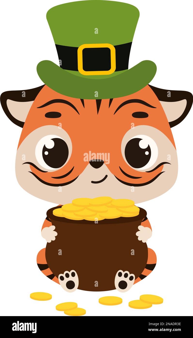 Cute tiger in green leprechaun hat holds bowler with gold coins. Irish ...