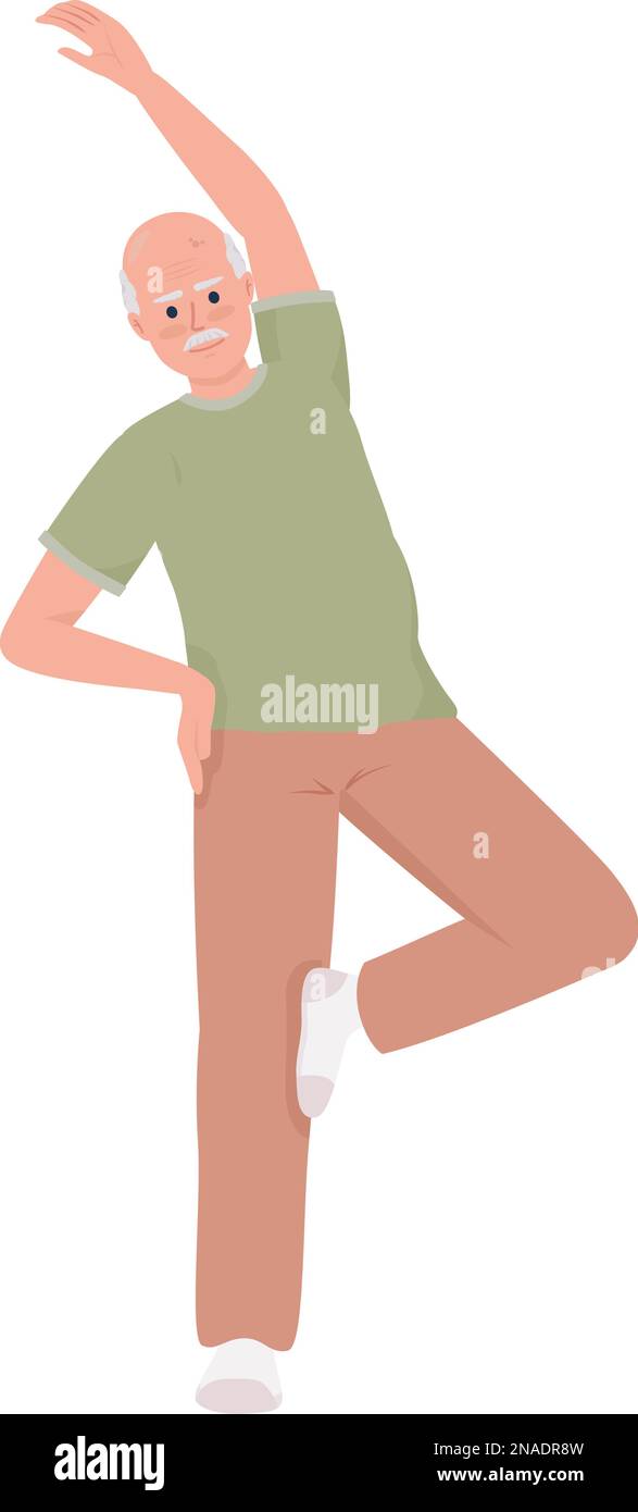 Senior man improving balance with exercise semi flat color vector ...