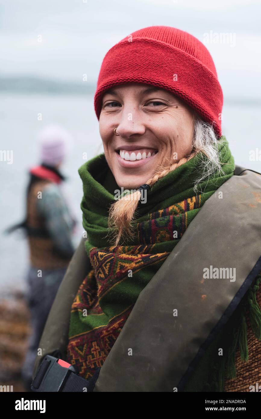 Happy woman smiles with beautiful white teeth on boat jetty Stock Photo ...