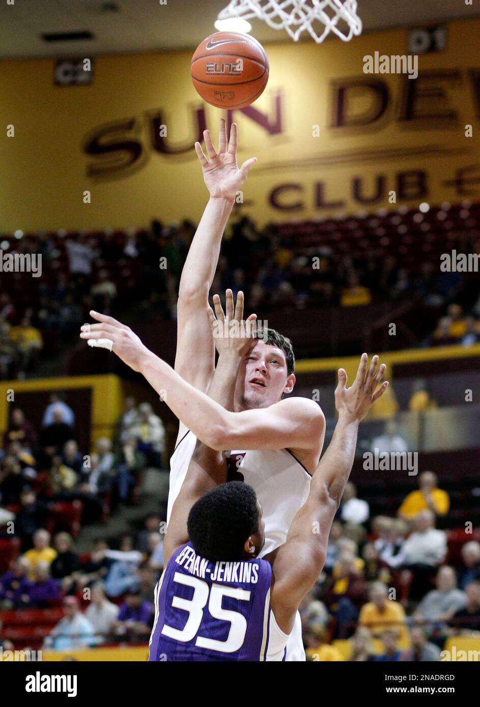 Arizona State center Ruslan Pateev, top, attempts a field goal over ...