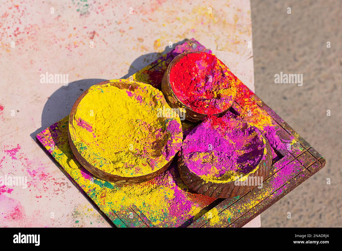 trays of different colored gulal Stock Photo - Alamy