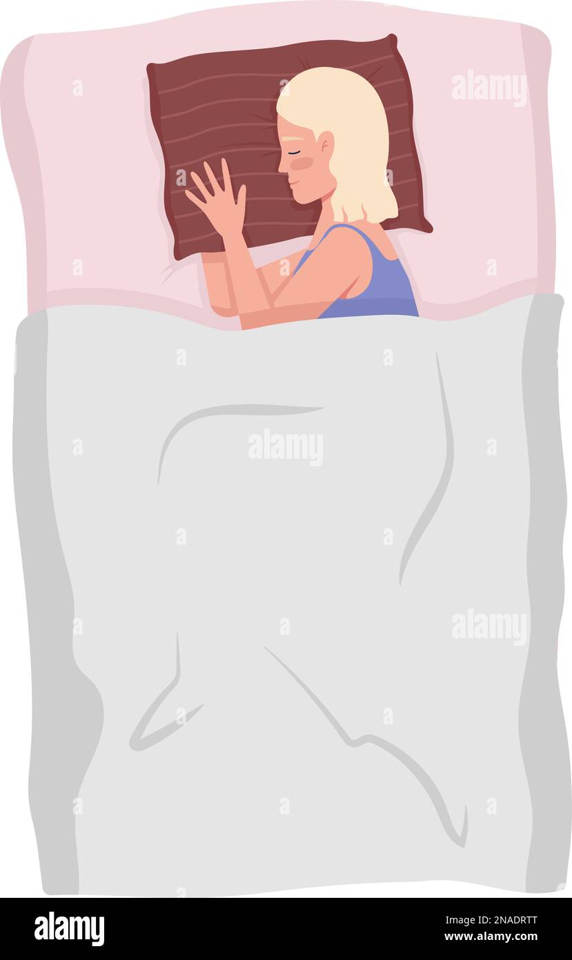 Female side sleeper lying on bed restfully semi flat color vector ...