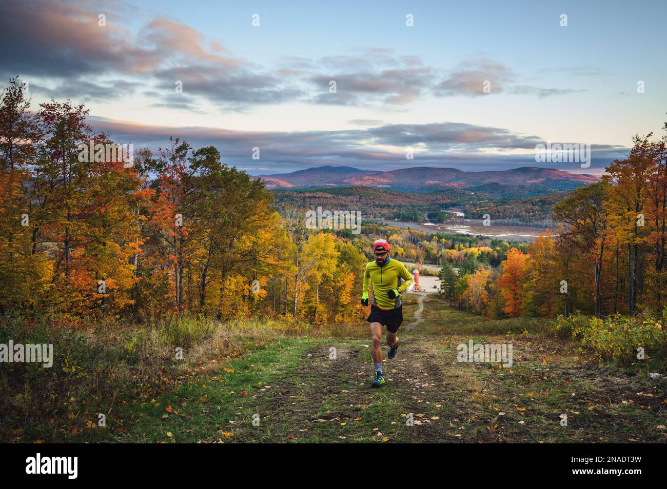 Man trail running in mountains during foliage season Stock Photo - Alamy