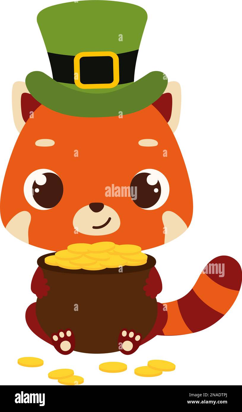 Cute red panda in green leprechaun hat holds bowler with gold coins ...