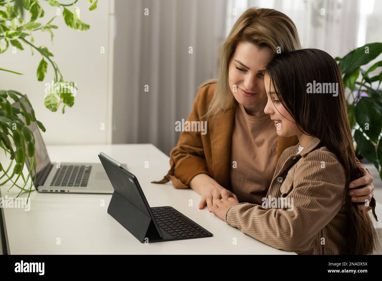 Teen girl distance learning virtual distance online class on video call ...