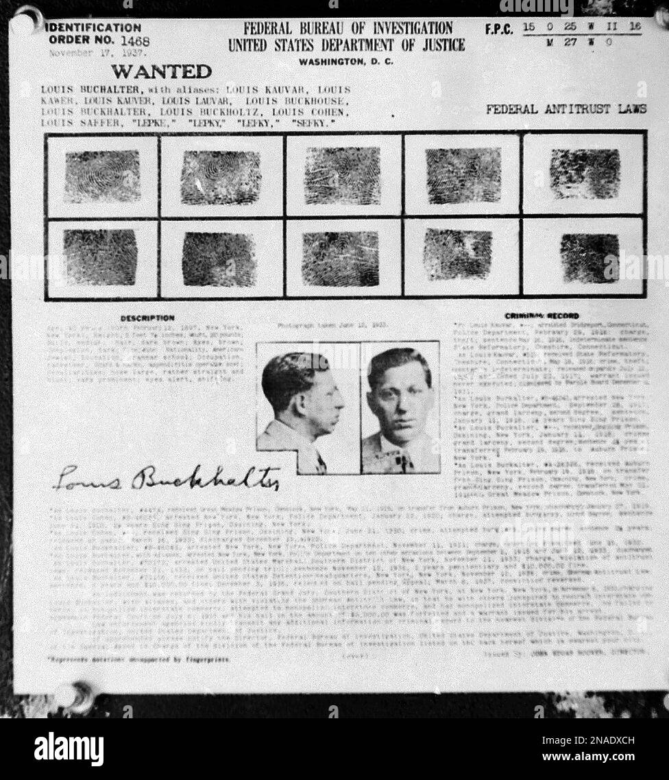 The "wanted" poster for mobster Louis “Lepke” Buchalter is shown June ...