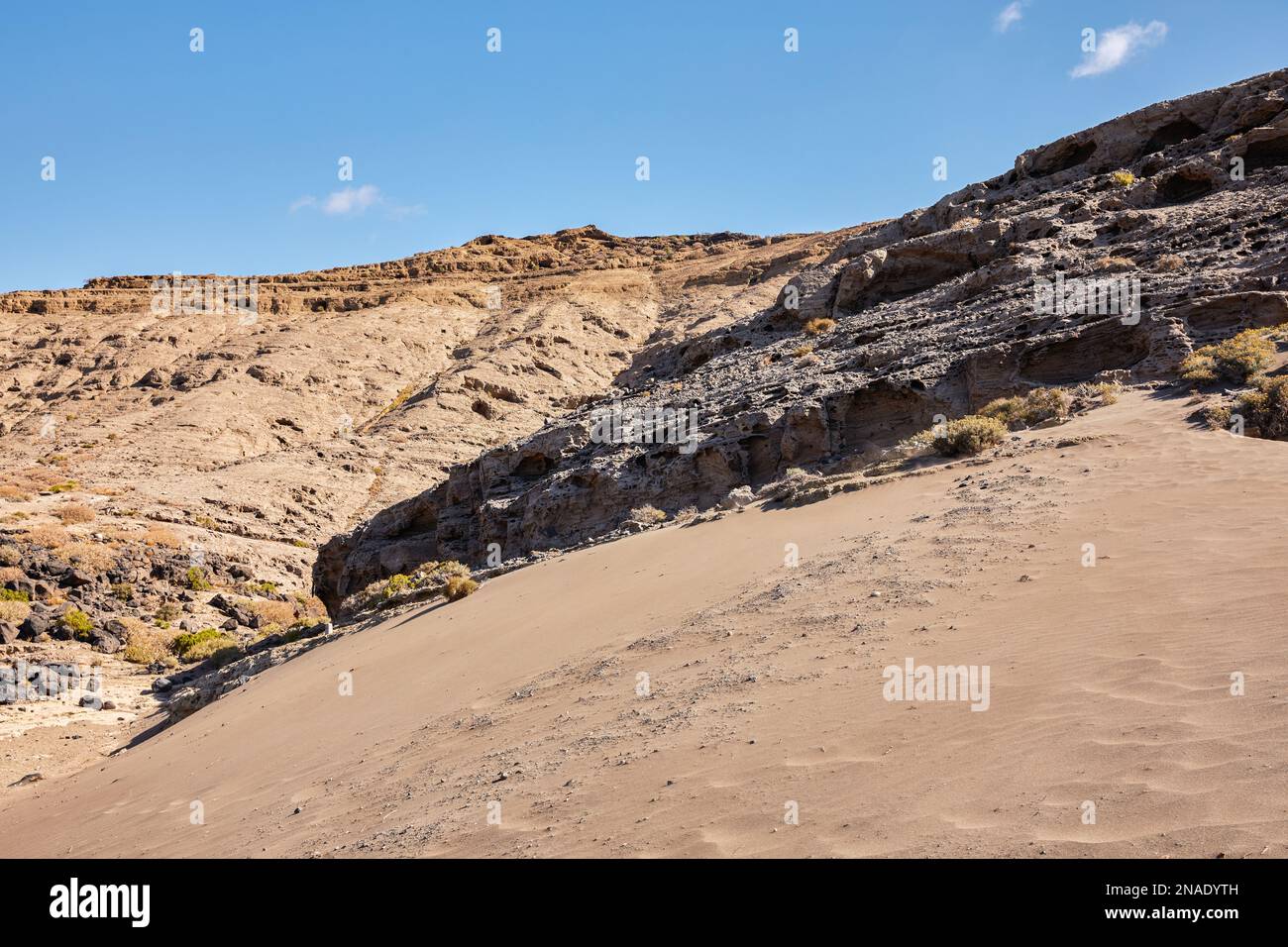 Landscape of sand and volcanic mountains with caves in the canary ...