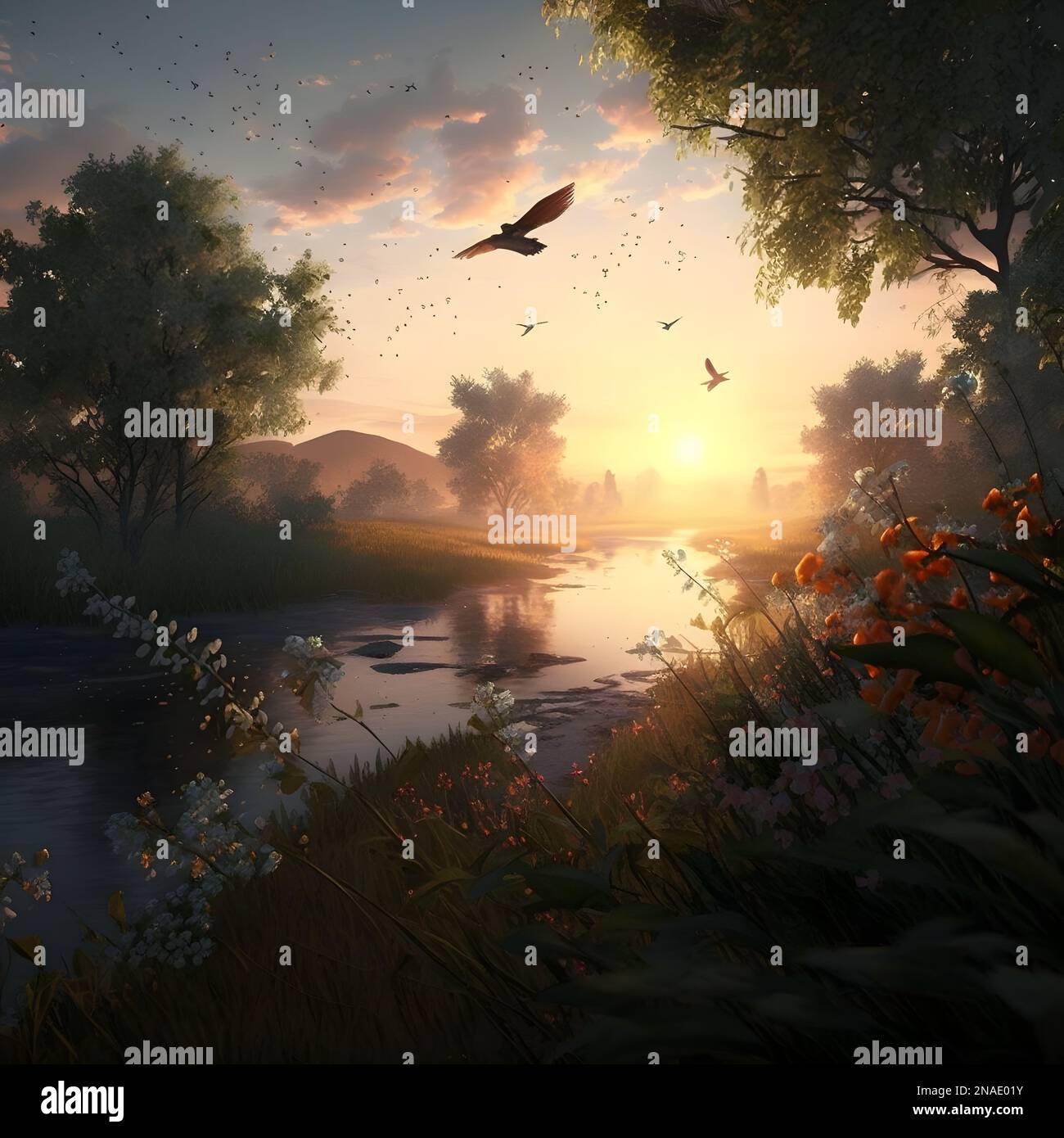 landscape river birds and flowers Stock Photo - Alamy