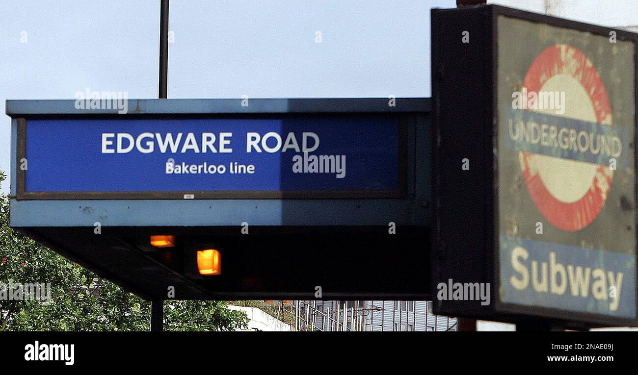 A sign indicating the Edgware Road underground station in central ...