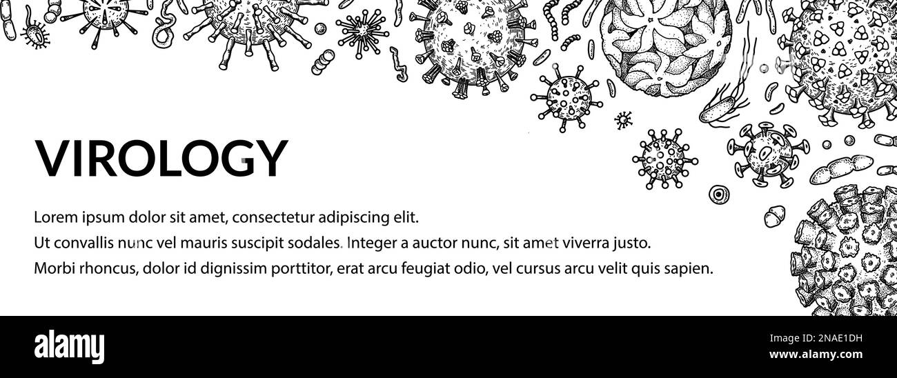 Virus horizontal background in sketch style. Hand drawn bacteria, germ ...