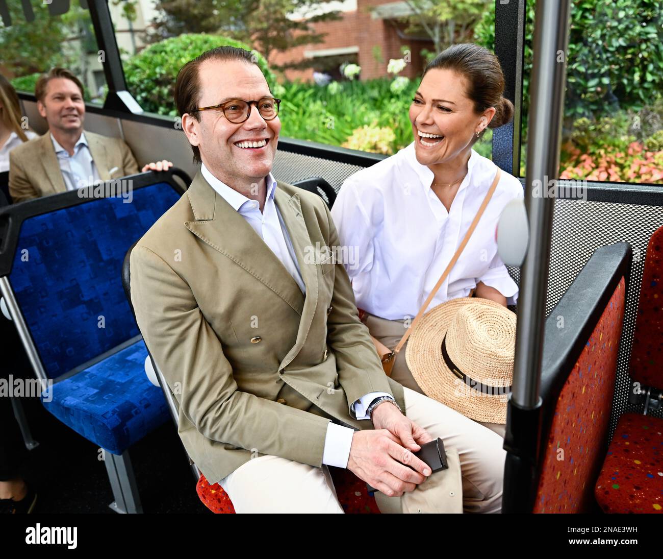 Sweden's Crown Princess Victoria and Prince Daniel ride in a Volvo bus ...