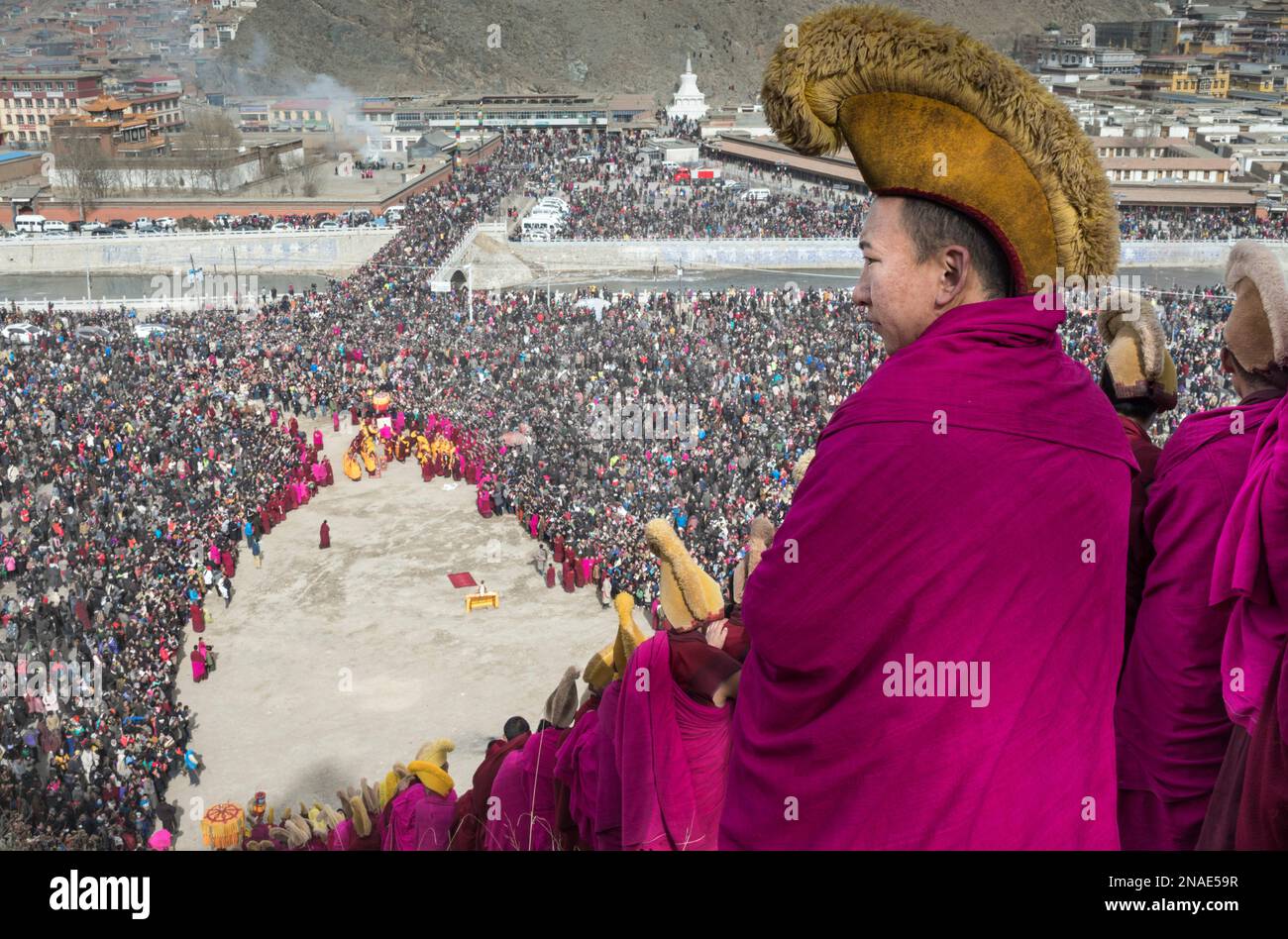 Buddhist monks and pilgrims at the Sunning of the Buddha, monks ...
