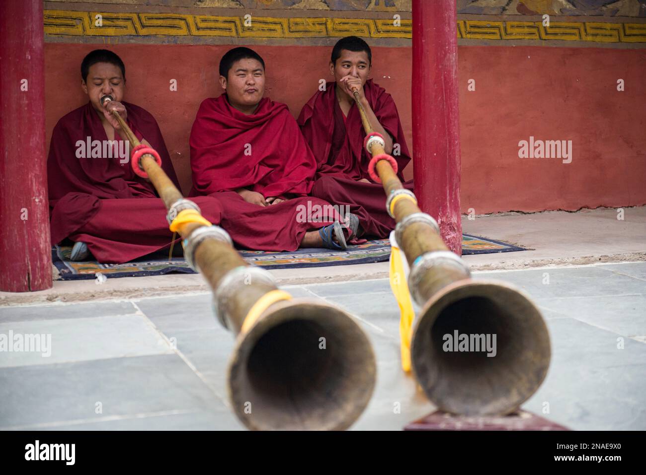 Monks playing their dungchen Stock Photo - Alamy