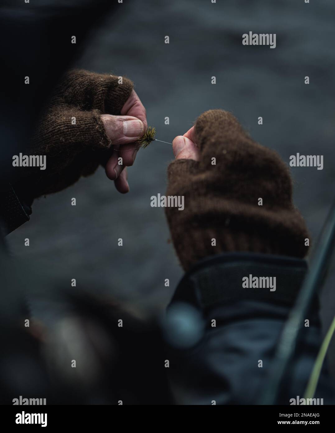 Close up detail photo of man tying fly onto fly line Stock Photo - Alamy