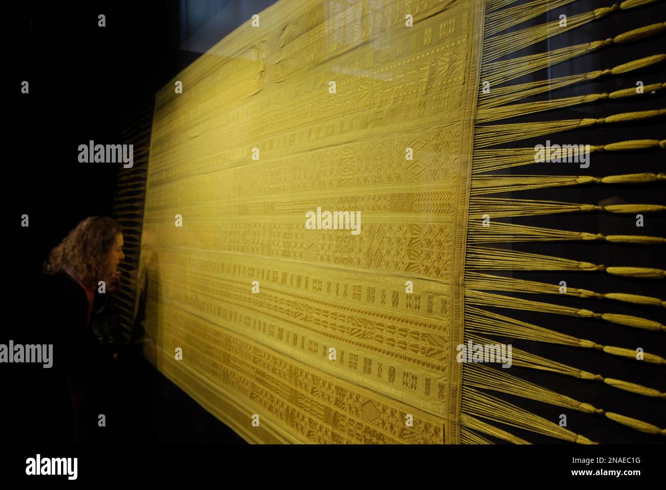 A visitor looks at a spider silk shawl, designed by Simon Peers and ...